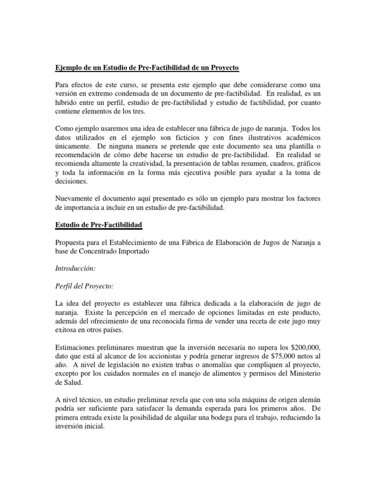 Ejemplo de Un Estudio de Prefactibilidad | Producto (Negocio) | Negocios