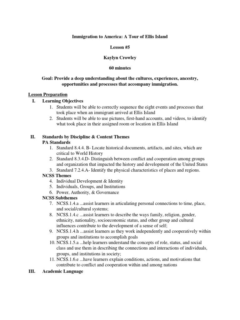 Ellis Island Lesson Plan Final | PDF | Teaching And Learning