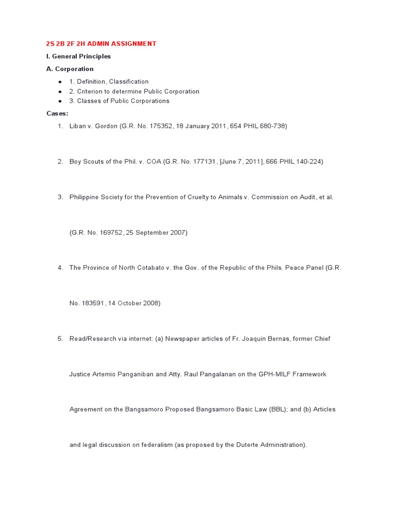 I. General Principles A. Corporation: 2S 2B 2F 2H Admin Assignment | PDF