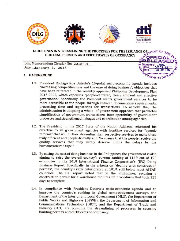 DILG DTI DPWH DICT JMC 2018-01 BLDG Permits and Cert of Occupancy | PDF