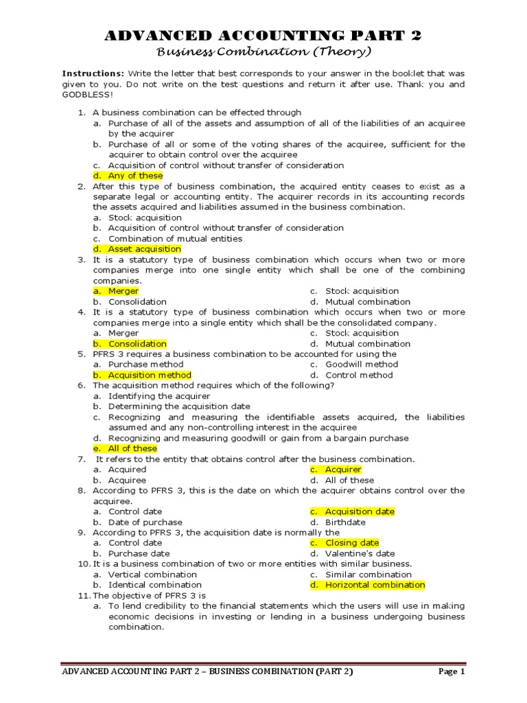 Chapter 1 - Business Combination (Part 1) - Theory (Answers) | PDF ...