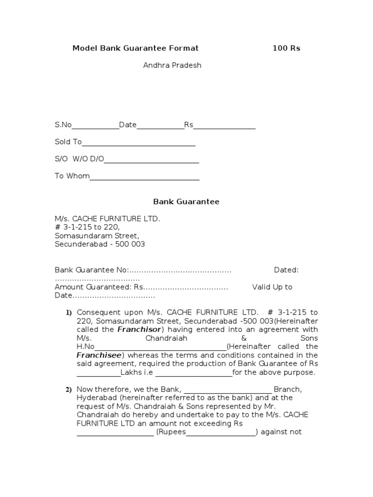 Model Bank Guarantee Format100 Rs | PDF | Guarantee | Franchising
