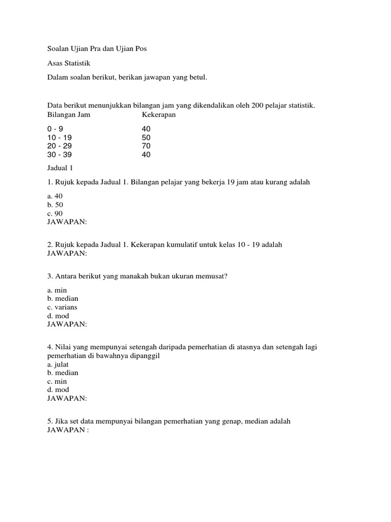 Statistik 10 Soalan Pra Dan Pos Part 1 | PDF