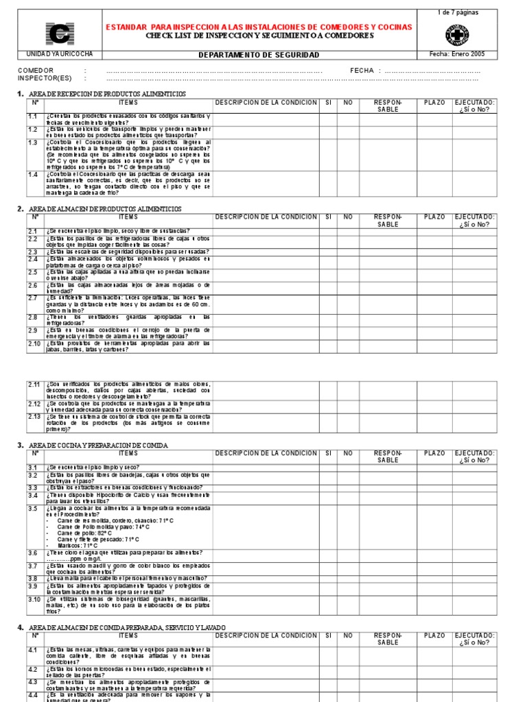 Check List de Inspecciones A Comedores 06-01-05 | PDF | Cocina | Alimentos