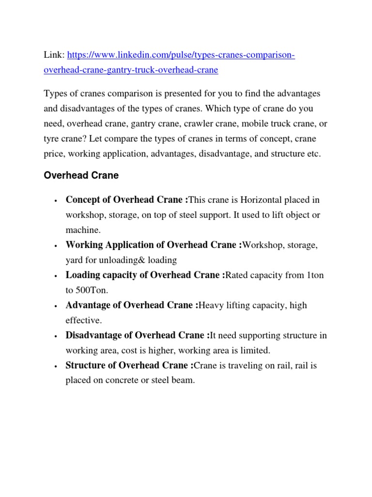 Crane Types Comparison Guide | PDF | Crane (Machine) | Truck