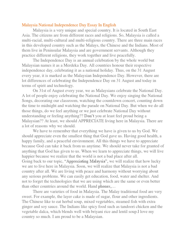 Malaysia National Independence Day Essay in English | PDF | Strait Of ...