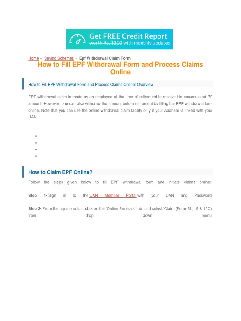How To Fill EPF Withdrawal Form and Process Claims Online | PDF ...