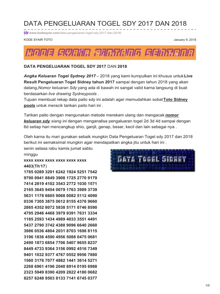 Data Pengeluaran Togel Sdy 2017 Dan 2018 | PDF