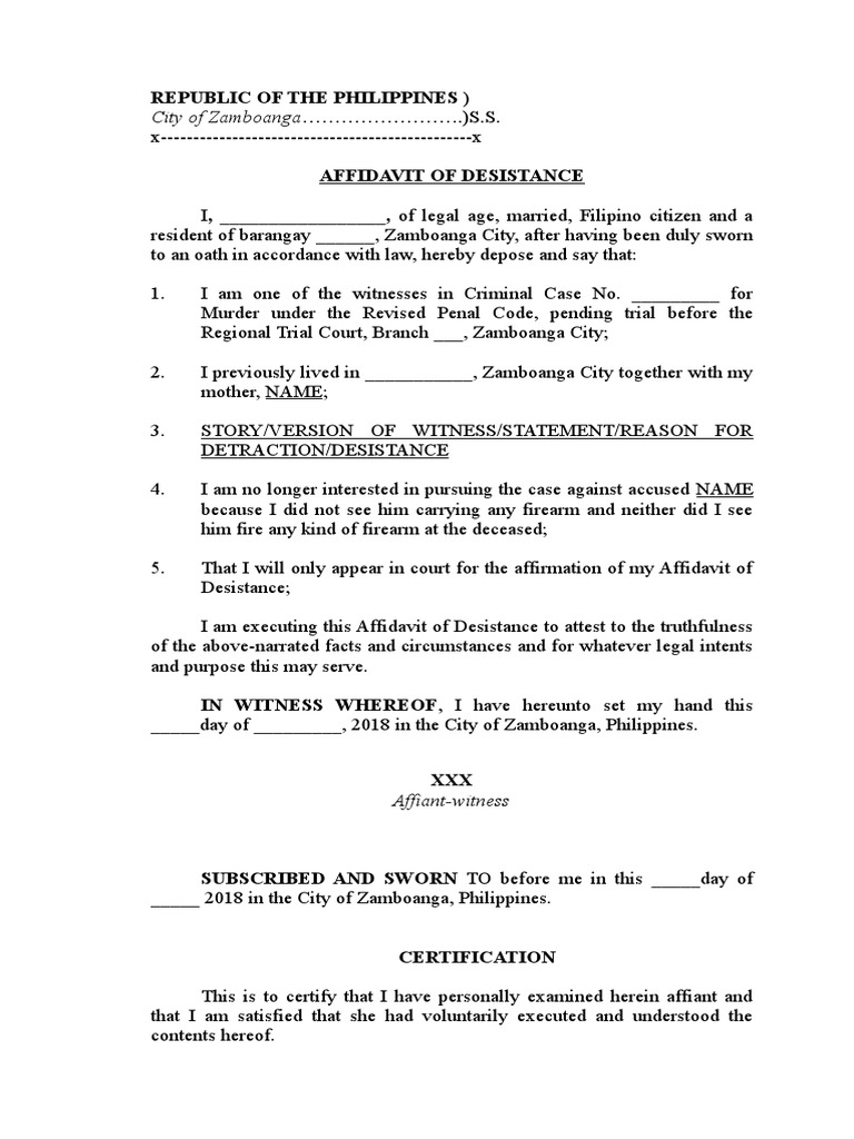 Sample Affidavit of Desistance | PDF