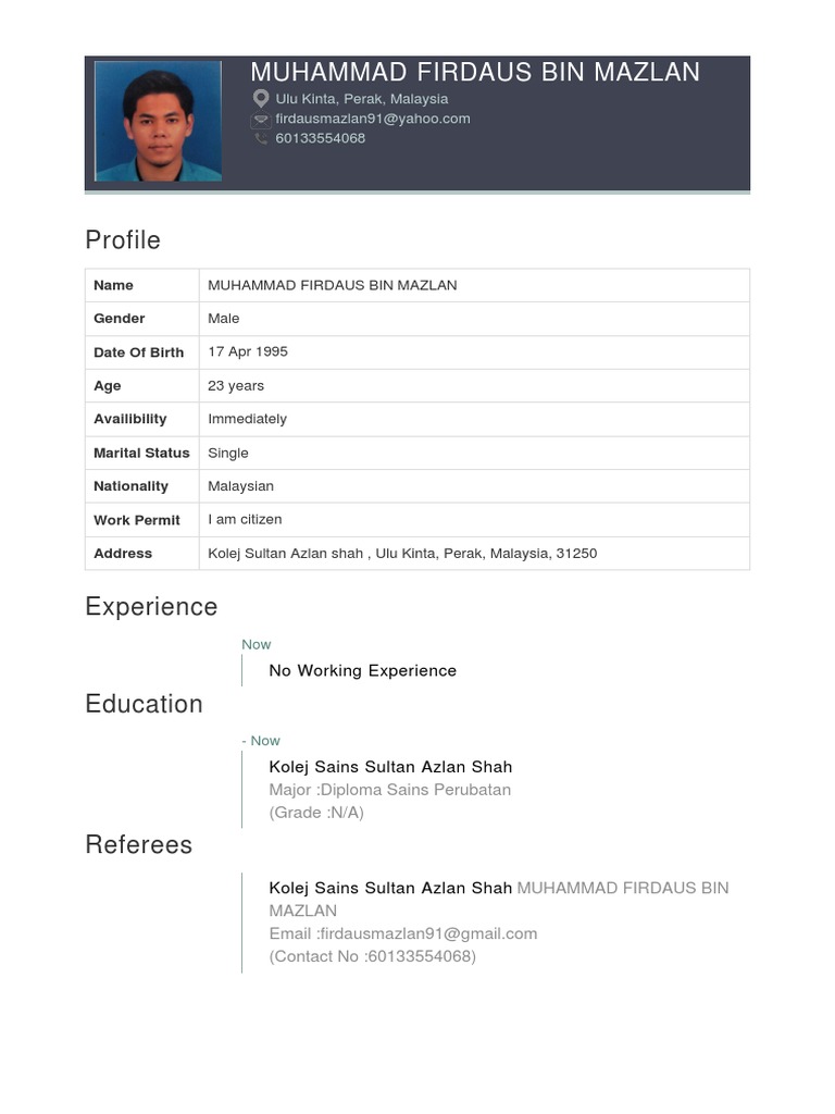 Profile: Muhammad Firdaus Bin Mazlan | PDF