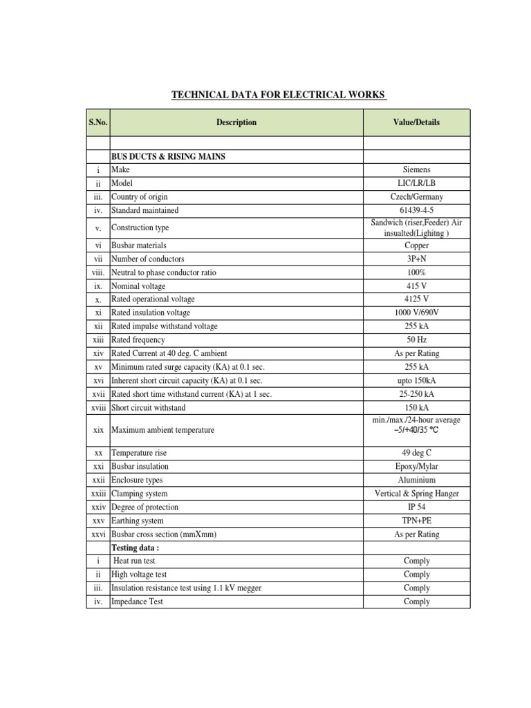 ElectricalTechnical Data Sheet For Bus Bar Trunking System | PDF ...