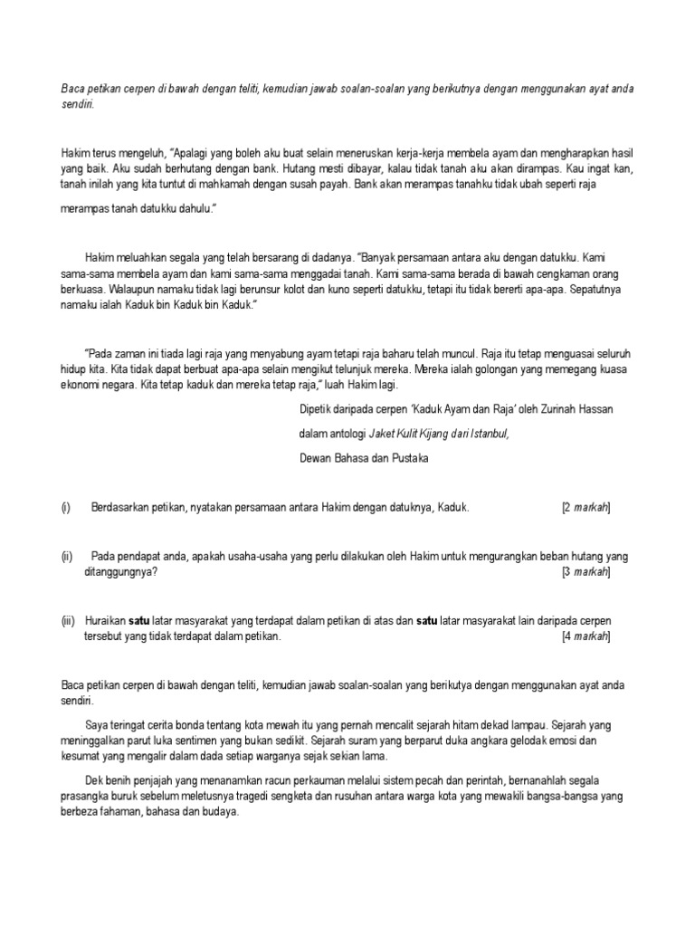 Baca Petikan Cerpen Di Bawah Dengan Teliti | PDF