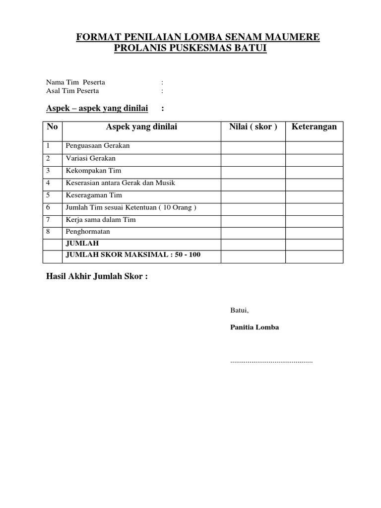 Format Penilaian Lomba Senam Prolanis | PDF