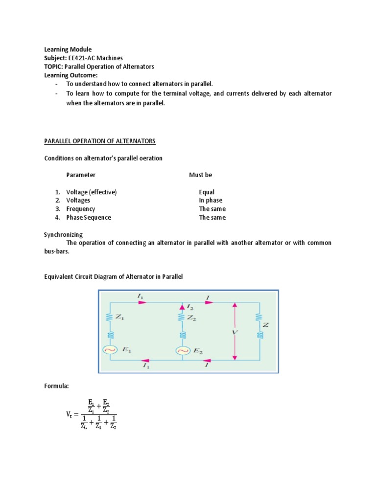 Learning Module Subject: EE421-AC Machines TOPIC: Parallel Operation of Alternators Learning ...