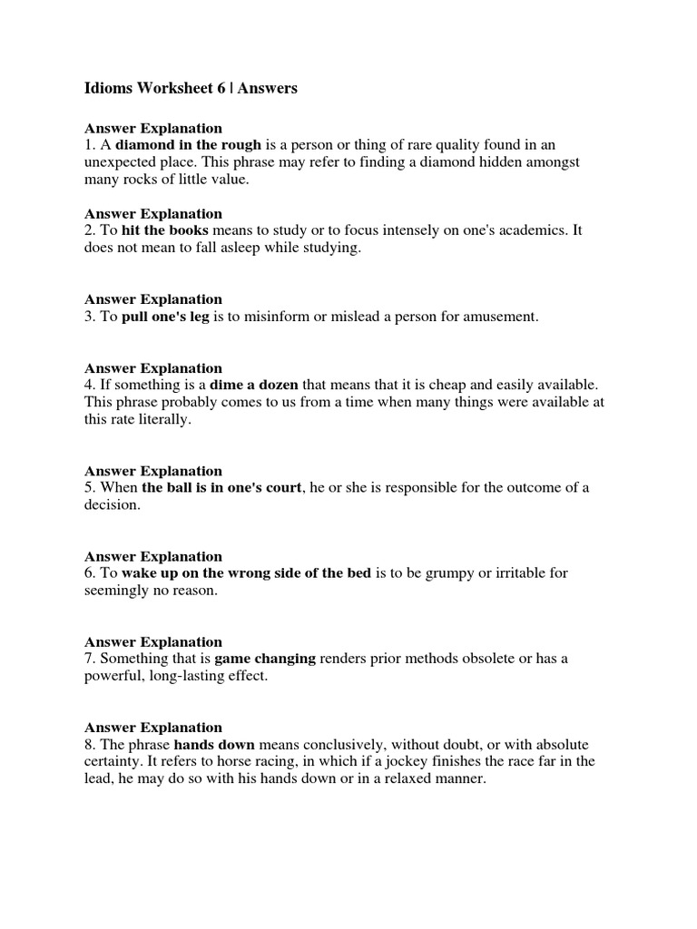 Idioms Worksheets Answers