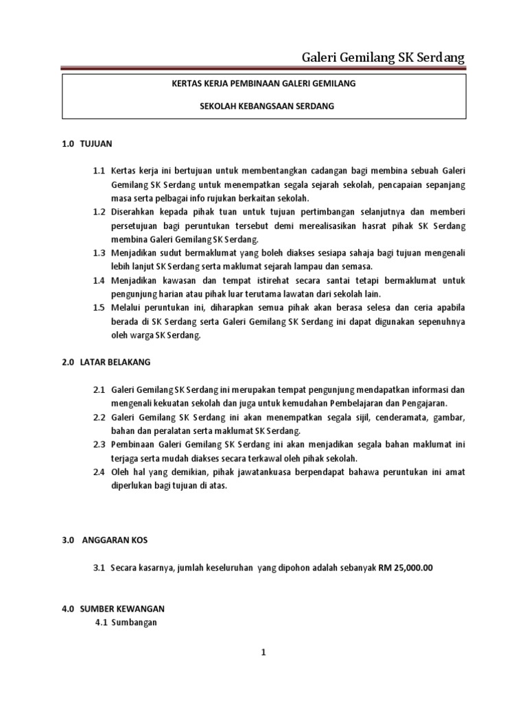 Kertas Kerja Pembinaan Galeri Gemilang SKS | PDF
