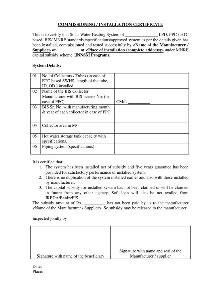 Format For Installation Commissioning | PDF | Water Heating ...