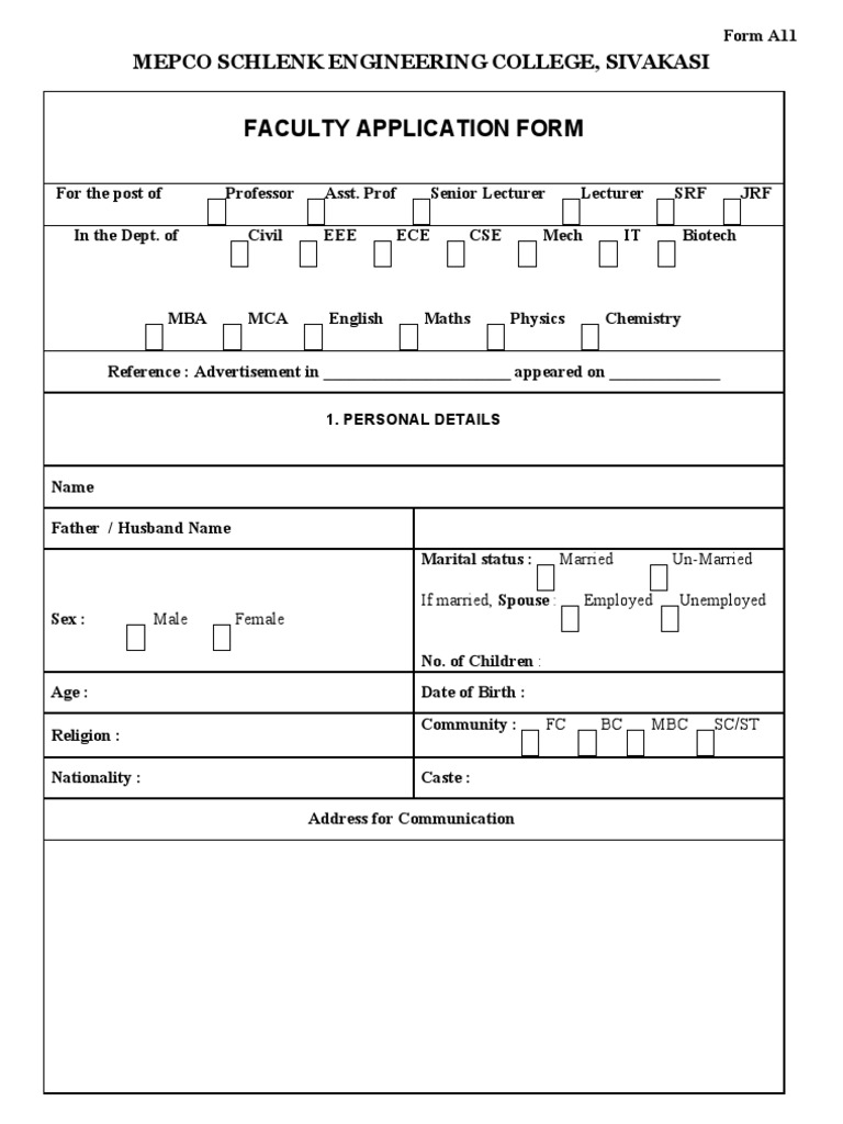Faculty Application Form: Mepco Schlenk Engineering College, Sivakasi | PDF | Lecturer | Academia