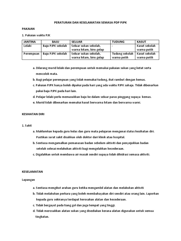 Peraturan Dan Keselamatan Semasa PDP PJPK | PDF