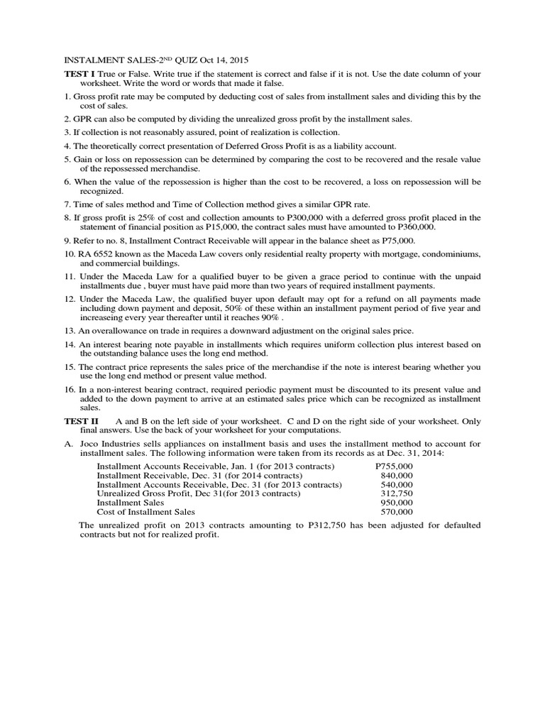 Installment Sales Quiz and Solutions | PDF | Profit (Accounting) | Interest