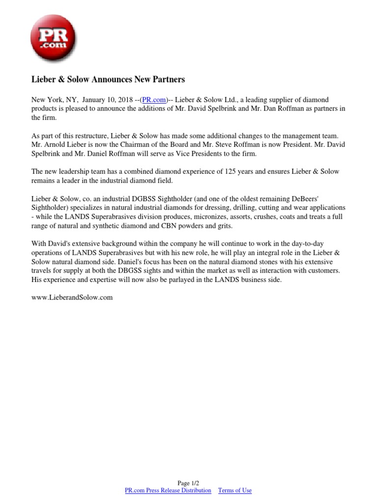 Lieber & Solow Announces New Partners | PDF | Diamond | Marketing