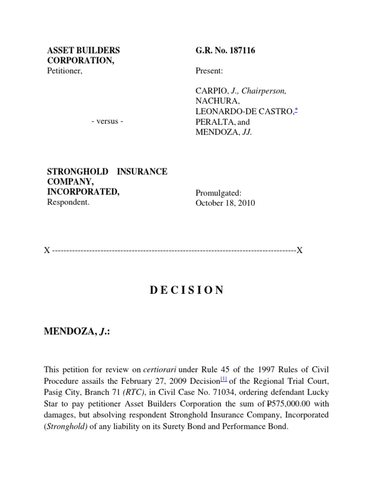 Asset Builders Corporation V Stronghold Insurance Company G.R. No ...