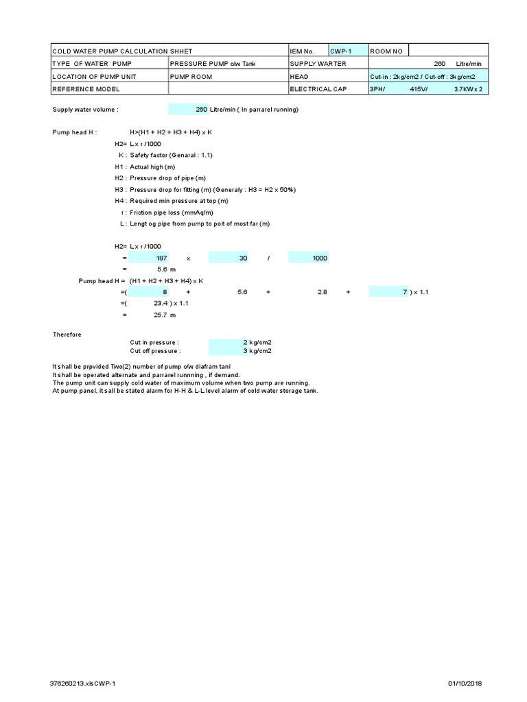 Cold Water Pump Calculation Shhet Type of Water Pump Location of Pump ...