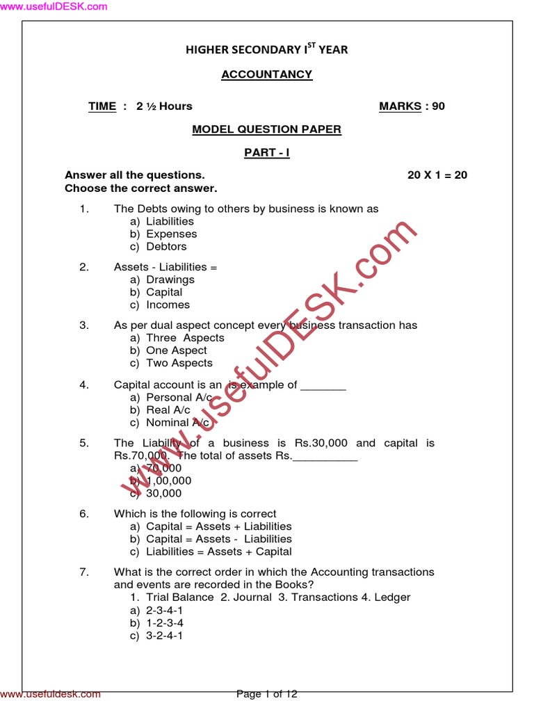 11th Accountancy Model Question Paper | PDF | Debits And Credits | Cheque