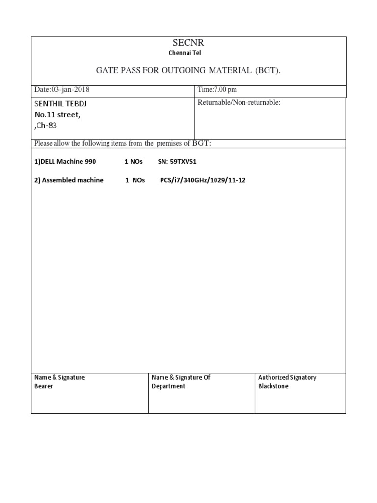 GATE PASS for Outgoing Material BGT | PDF