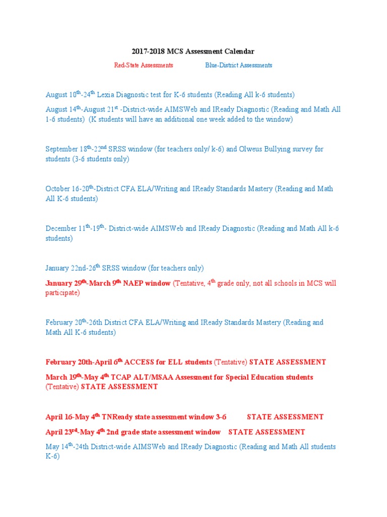 2017 18 Assessment Calendar 1 | PDF | National Assessment Of ...