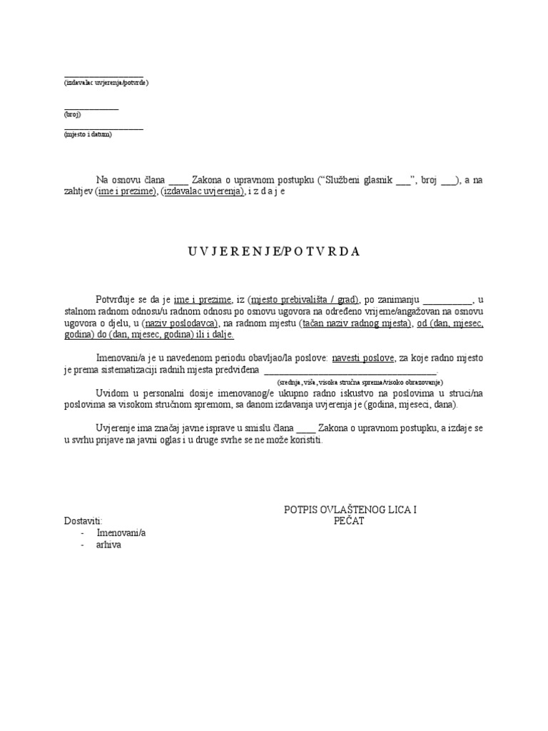 Primjer Potvrde o Radnom Iskustvu