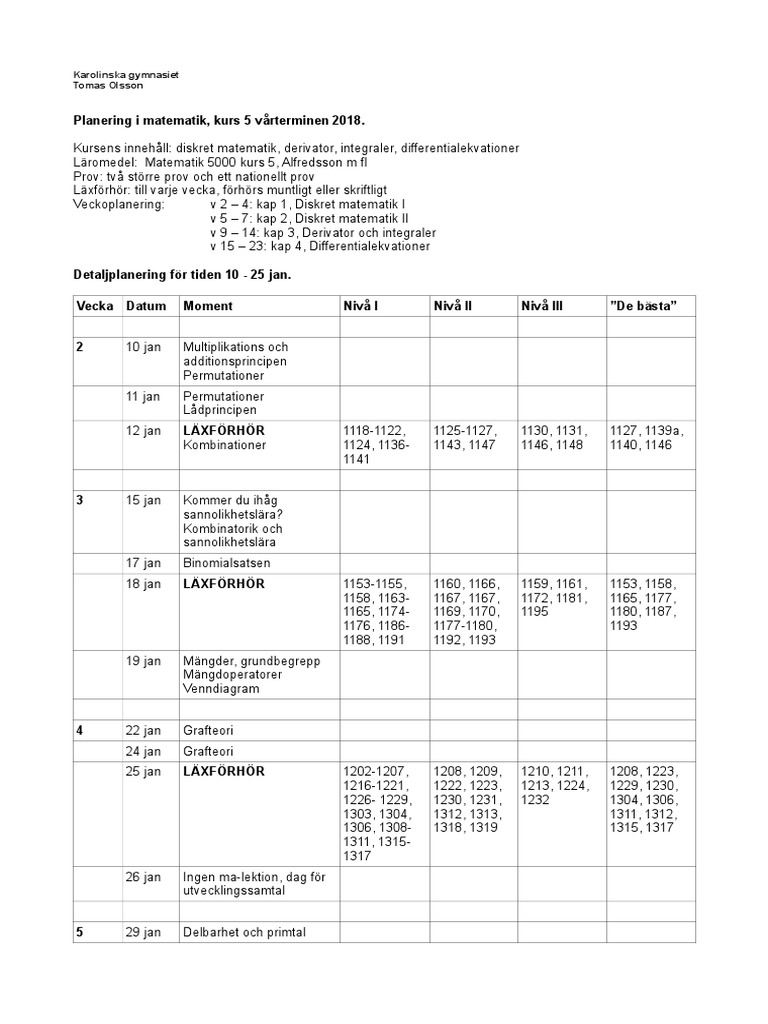 Planering Ma5 Jan | PDF