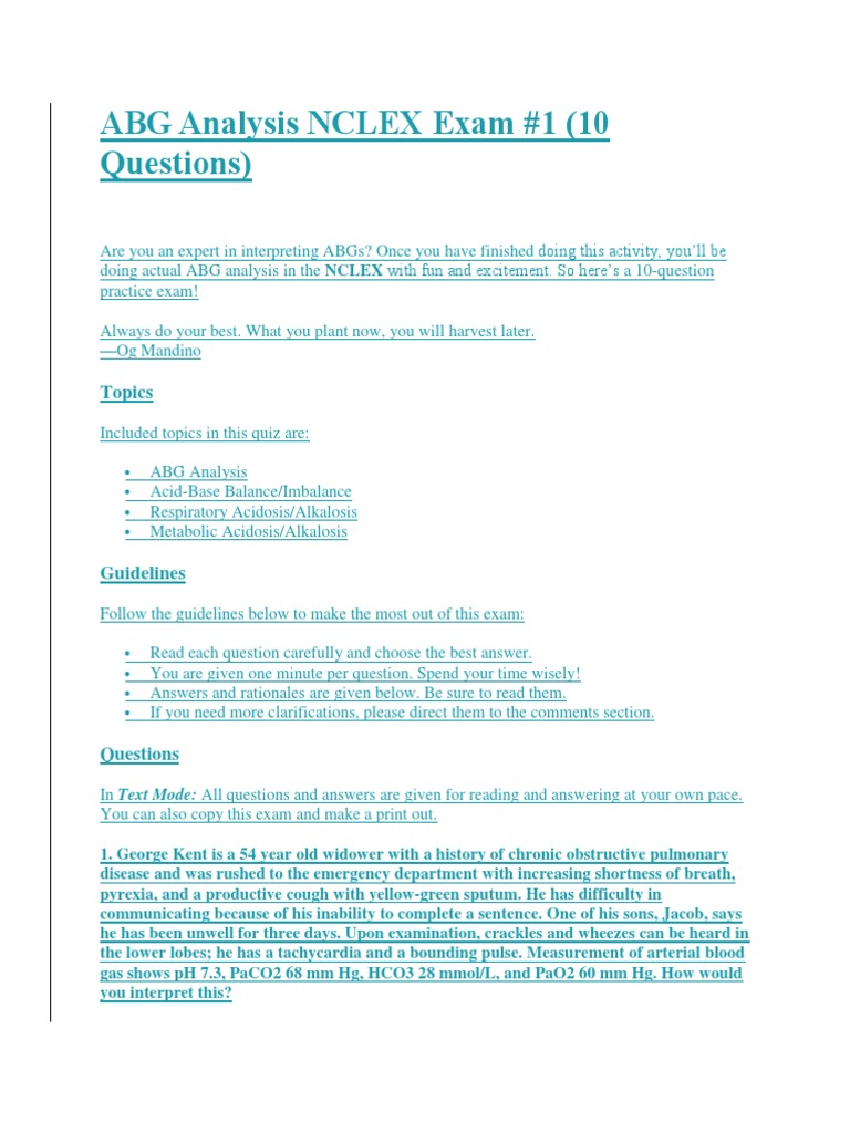 ABG Analysis NCLEX Exam | PDF | Respiratory System | Intensive Care ...