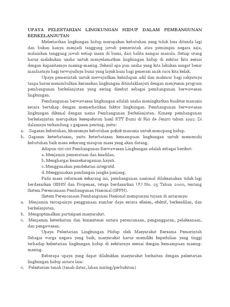 Upaya Pelestarian Lingkungan Hidup Dalam Pembangunan Berkelanjutan | PDF