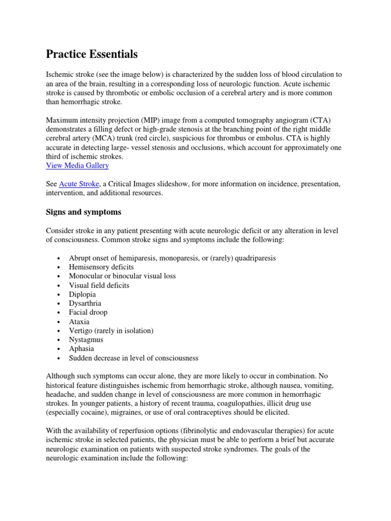 Practice Essentials: Signs and Symptoms | PDF | Stroke | Ischemia