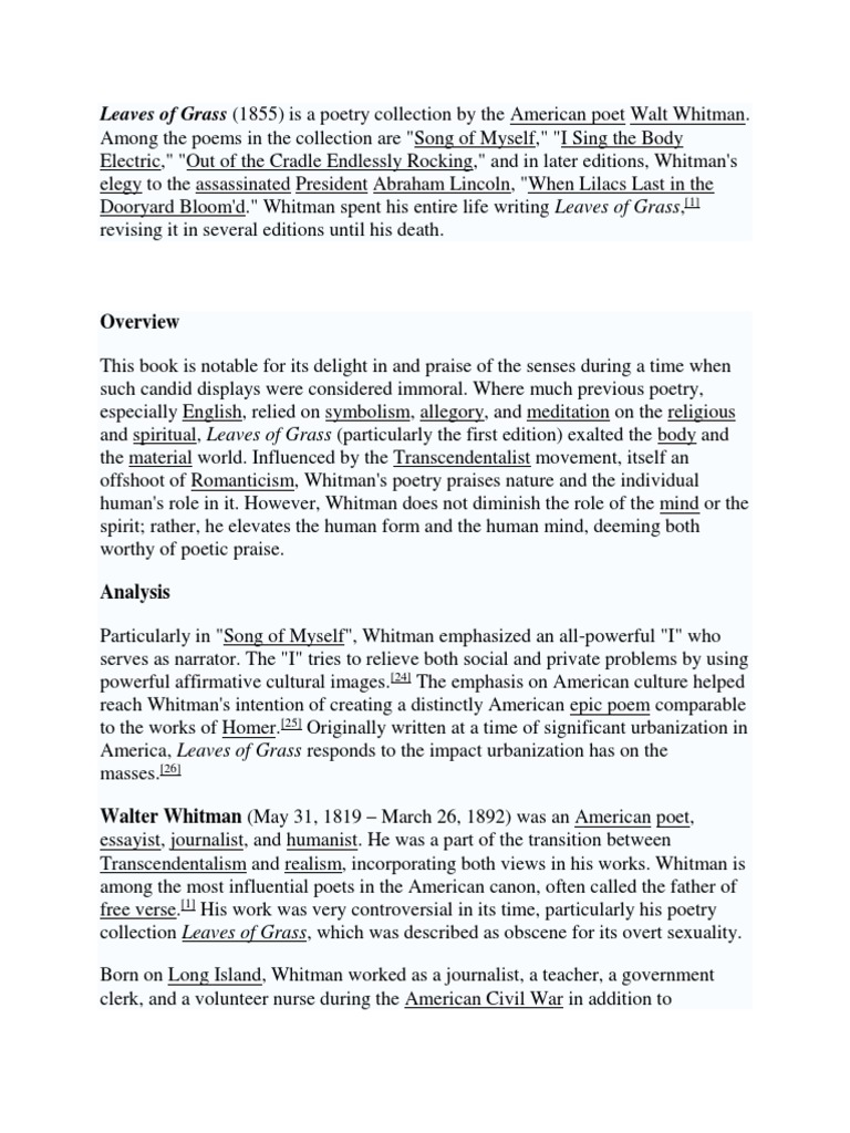 Leaves of Grass (1855) Is A Poetry Collection by The American Poet Walt ...