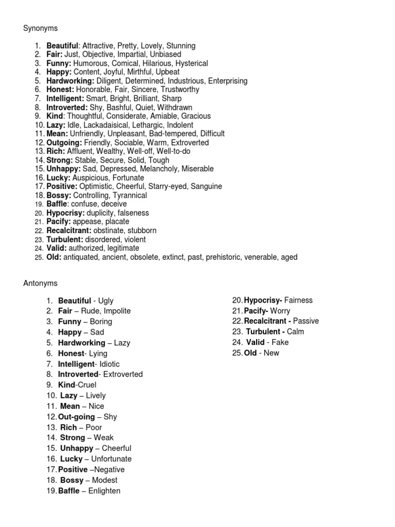 A Comprehensive List of Synonyms and Antonyms | PDF