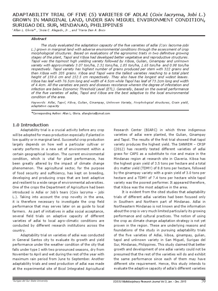 Adlai Varieties Adaptability in Marginal Land | PDF | Sowing | Soil