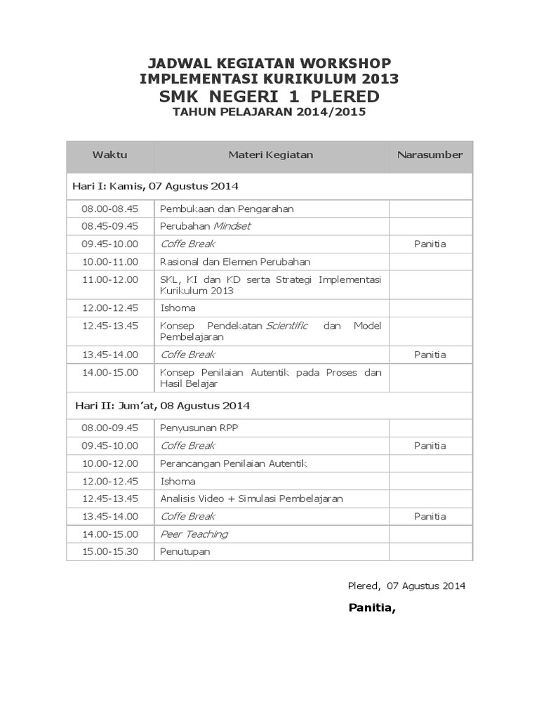 SMK Negeri 1 Plered: Jadwal Kegiatan Workshop Implementasi Kurikulum 2013 | PDF