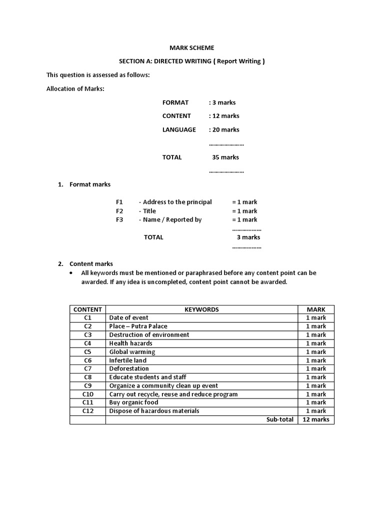 Mark Scheme Section A: Directed Writing (Report Writing) | PDF ...
