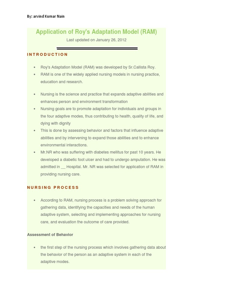 Application of Roy's Adaptation Model (RAM) : By: Arvind Kumar Nain ...