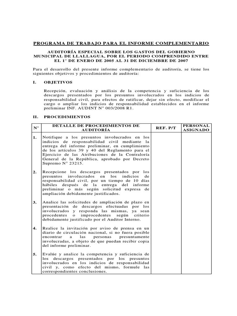 Programa de Trabajo Del Informe Complementario | PDF | Contralor | Gobierno