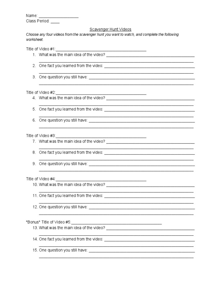 Scavenger Hunt Video Worksheet | PDF | Leisure | Sports