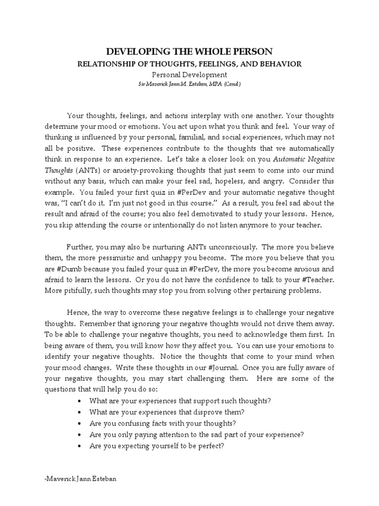 Relationship of Thoughts, Feelings, and Behaviour | PDF | Mood ...