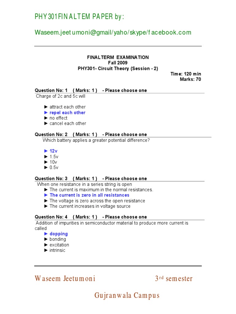 PHY301 Finalterm Solved Paper PDF | PDF | Rectifier | Series And Parallel Circuits