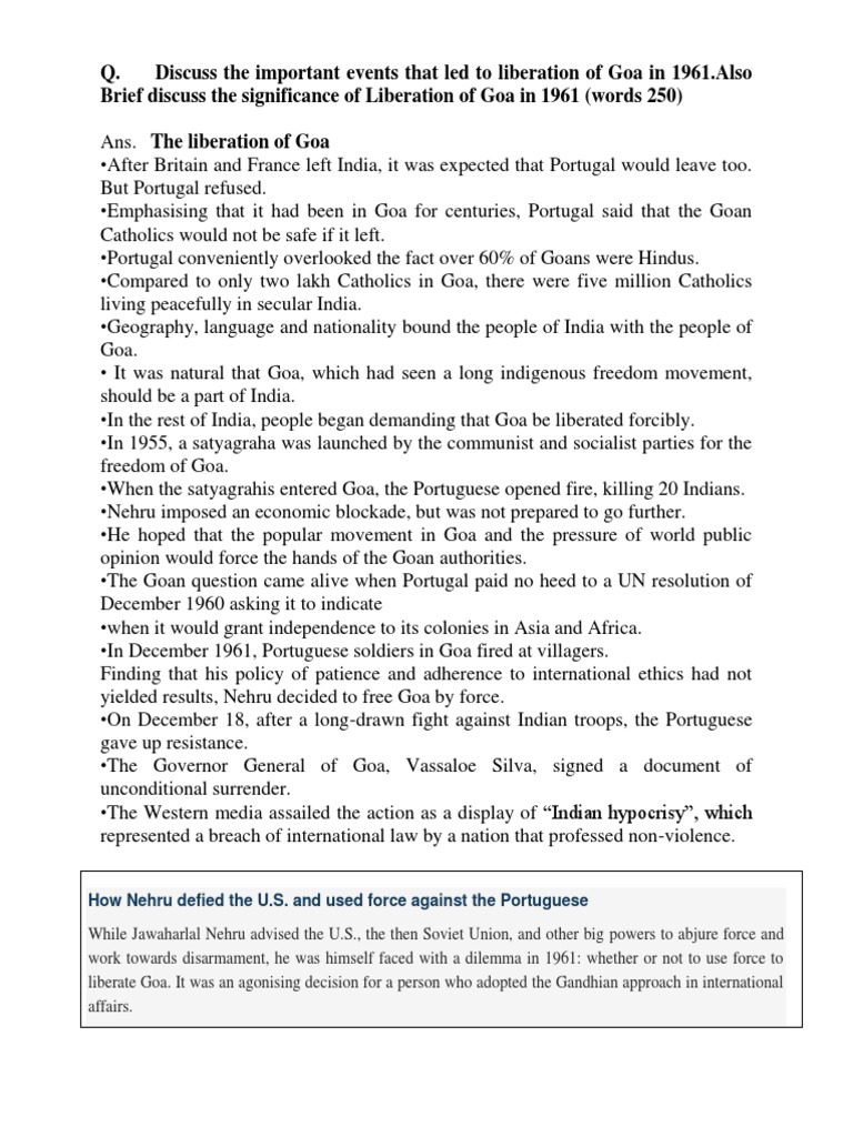 Q. Discuss The Important Events That Led To Liberation of Goa in 1961 ...