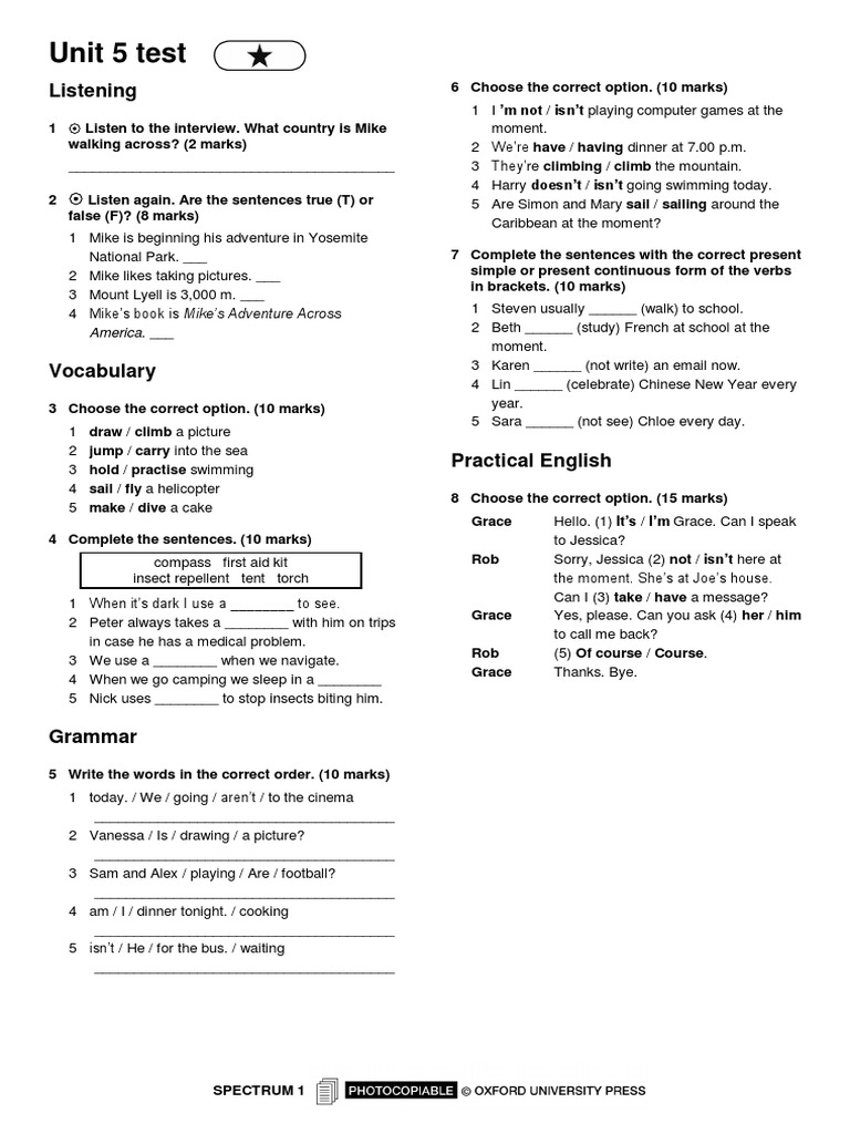 Unit 5 test listening, vocabulary, grammar, reading and writing | PDF ...