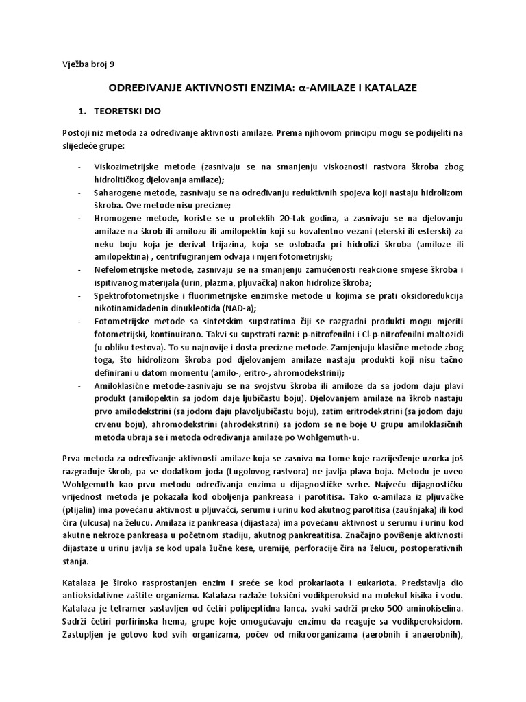 Vježba Broj 9 ODREĐIVANJE AKTIVNOSTI ENZIMA | PDF