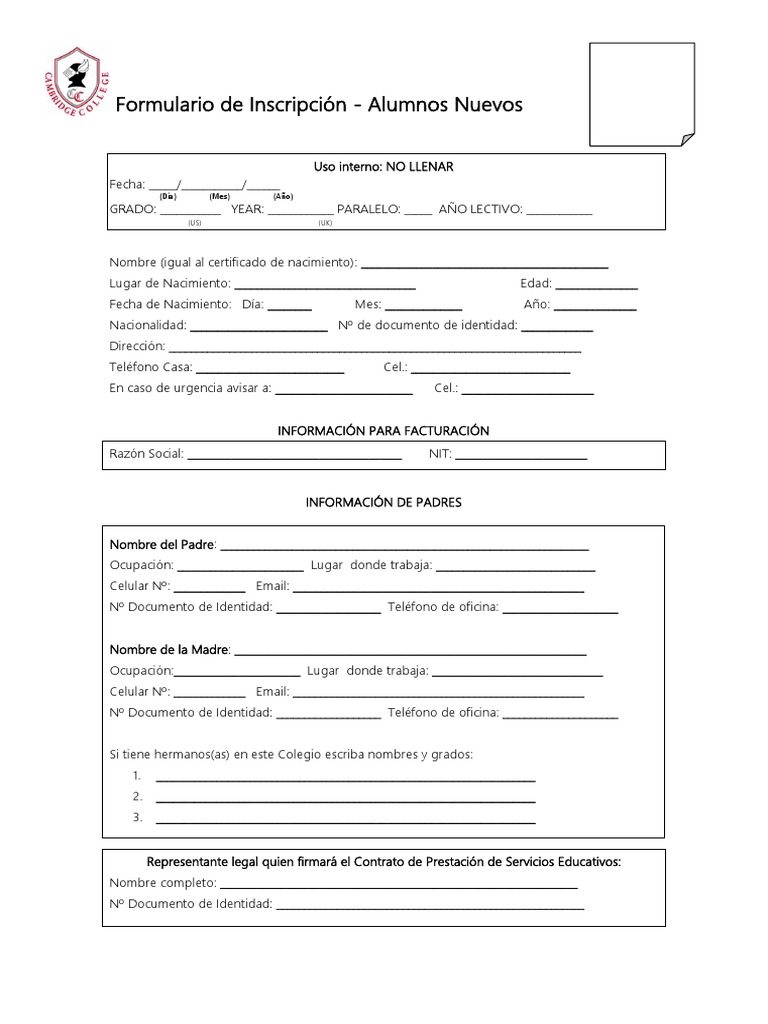 2018 Formulario de Inscripción Alumnos Nuevos