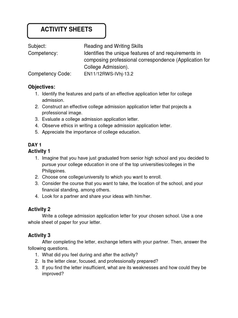 Activity Sheet | PDF | College Admissions In The United States ...